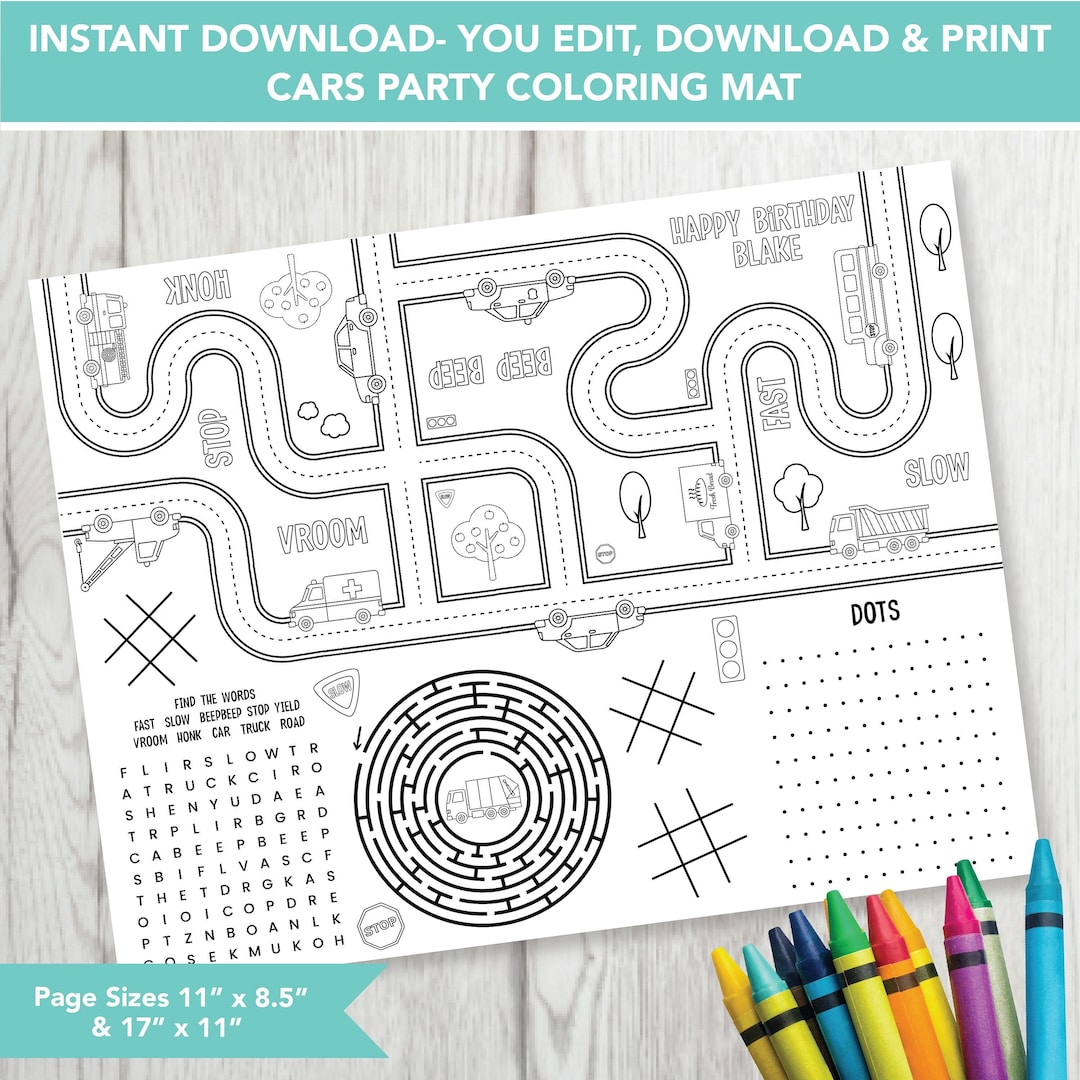Editable Cars Party Mat, Printable Birthday Coloring Page, Cars ...