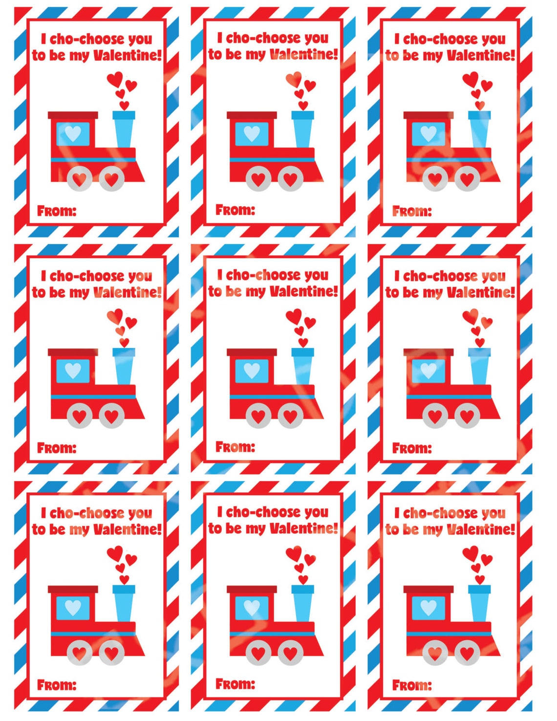 Train Valentine's Day Cards (set of 9) , Valentine's Day Cards ...