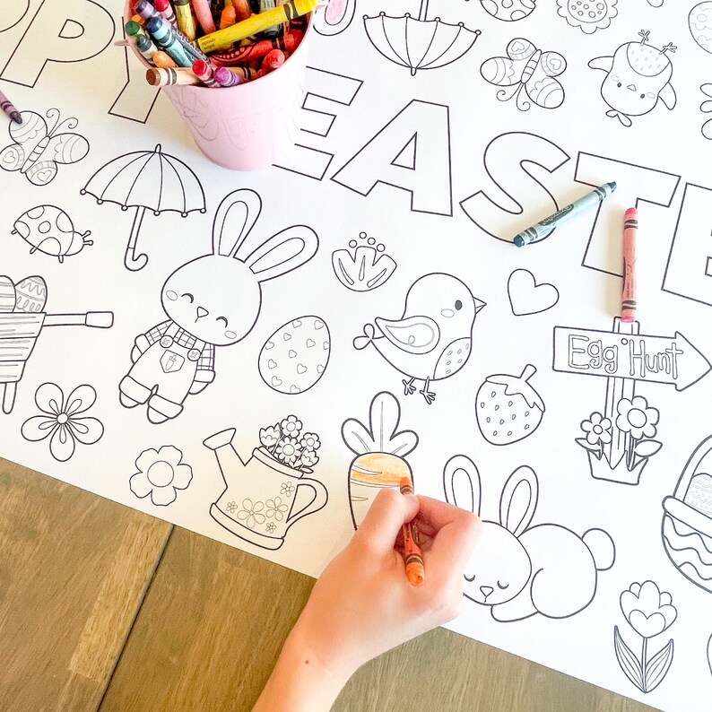 Easter Coloring Table Runner, Happy Easter Coloring Page, Bunny ...