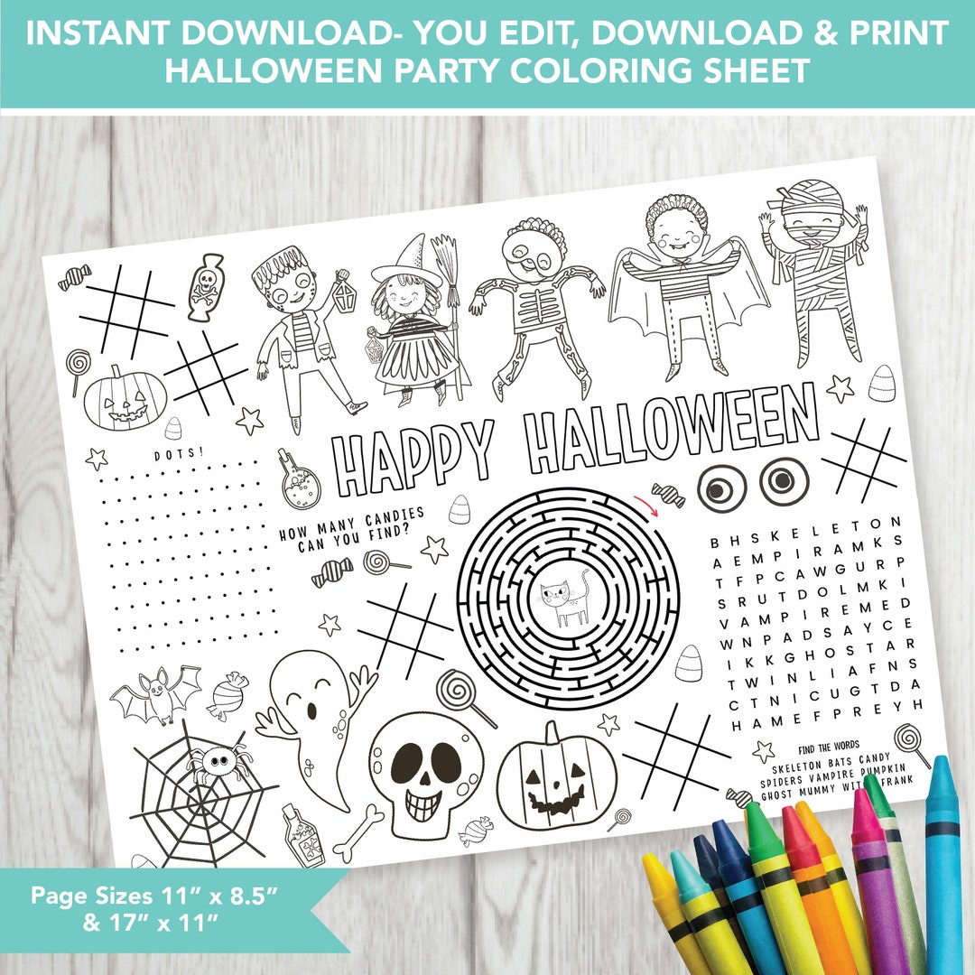 Halloween Party Placemat, Printable Halloween Coloring Page, Halloween ...