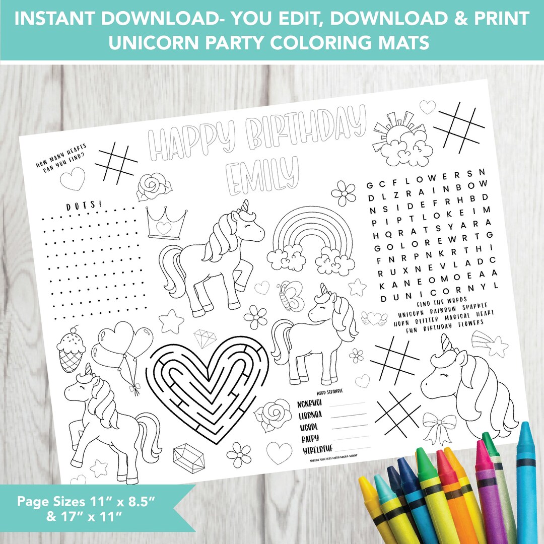 Editable Unicorn Party Placemat, Printable Birthday Coloring Page ...