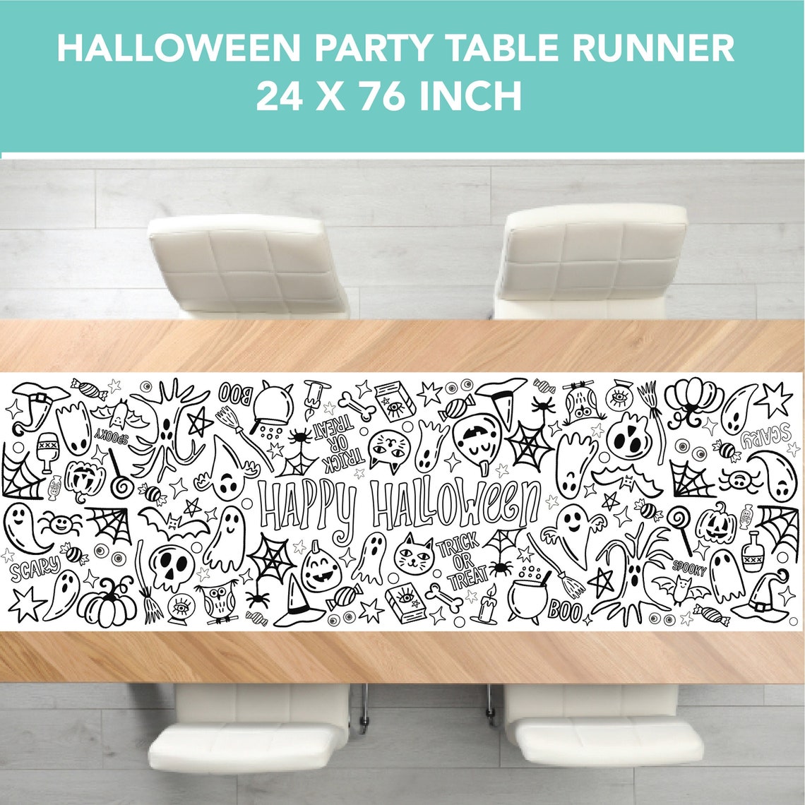 Halloween Party Coloring Table Runner, Halloween Coloring Page, Ghost ...