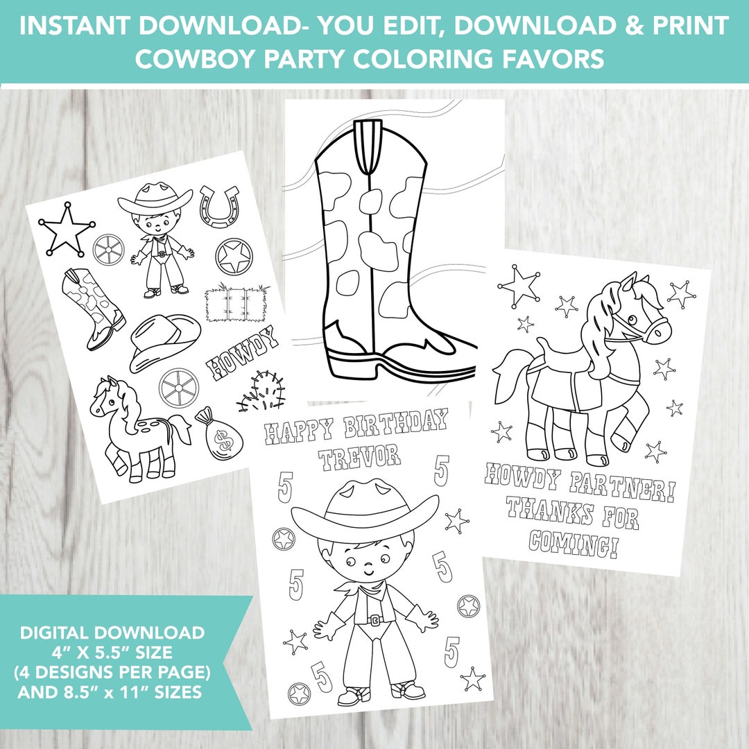 Editable Cowboy Coloring Party Favors, Cowboy Birthday Party, Printable ...