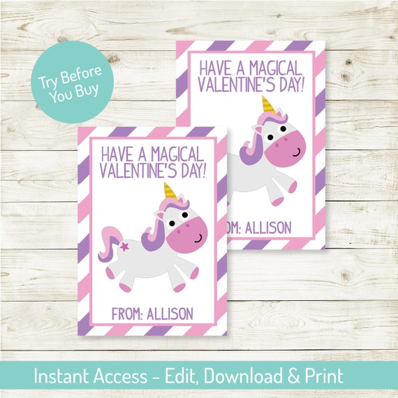 Unicorn Valentine's Day Editable Card Valentine Party | Etsy