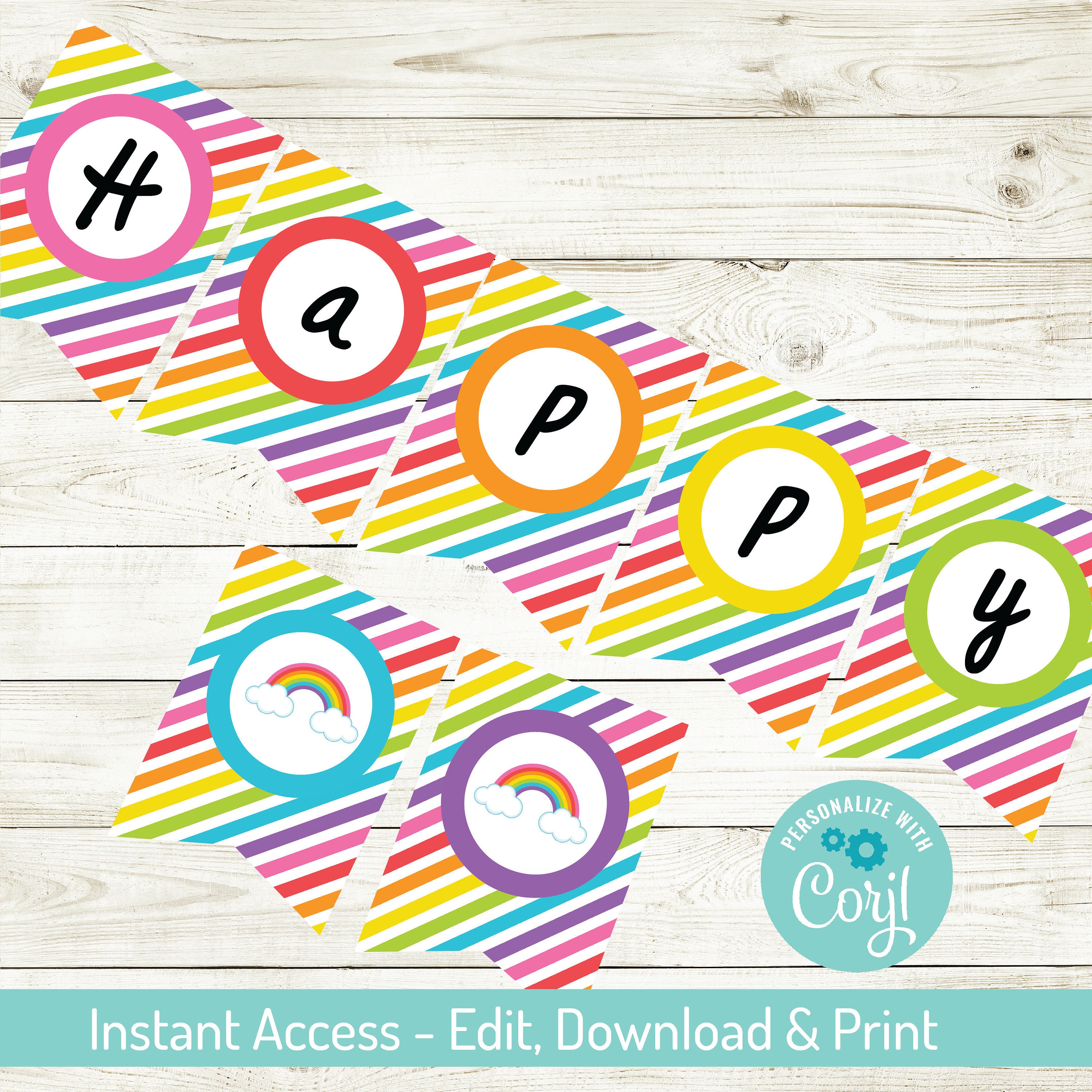 Rainbow Happy Birthday Banner, EDITABLE, Rainbow Birthday Party ...