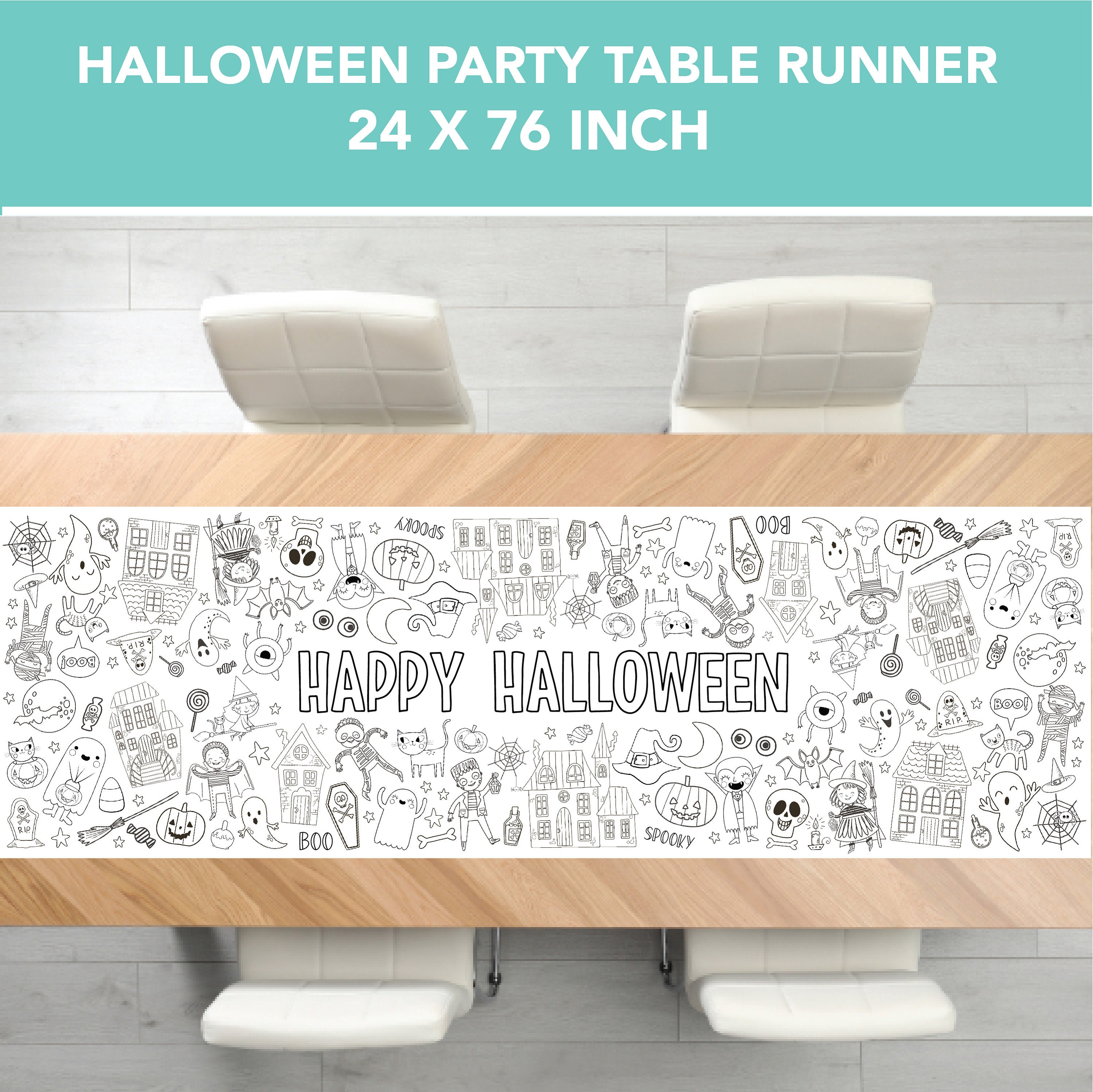 Halloween Night Coloring Table Runner, Halloween Coloring Page, Ghost ...