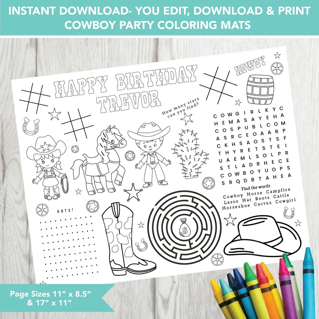 Editable Cowboy Party Sheet, Printable Birthday Coloring Page, Cowboy ...
