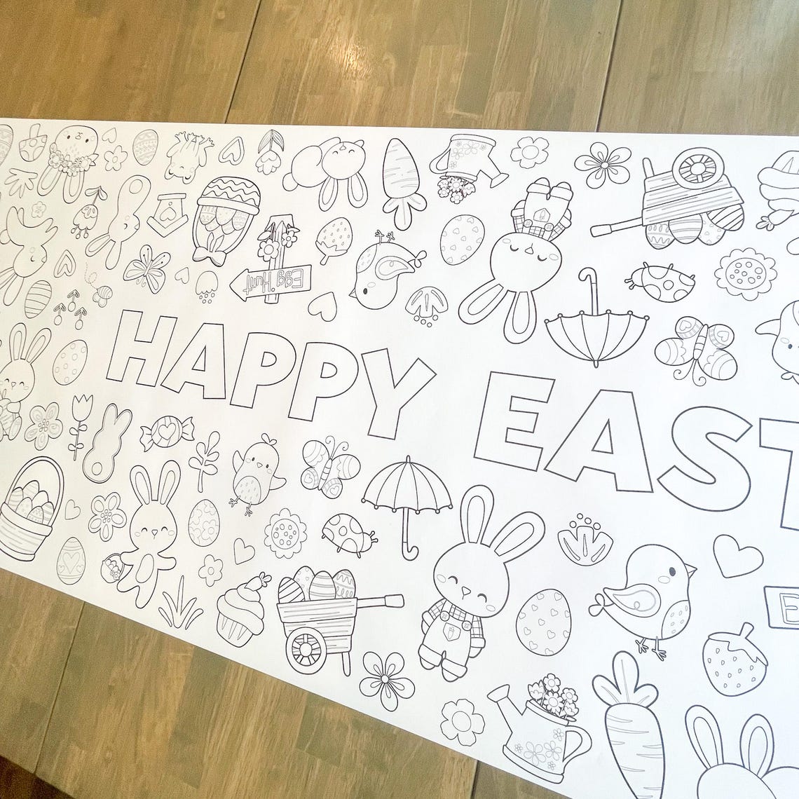 Easter Coloring Table Runner, Happy Easter Coloring Page, Bunny ...