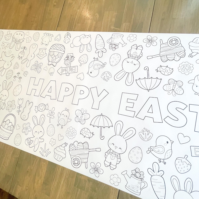 Easter Coloring Table Runner, Happy Easter Coloring Page, Bunny ...