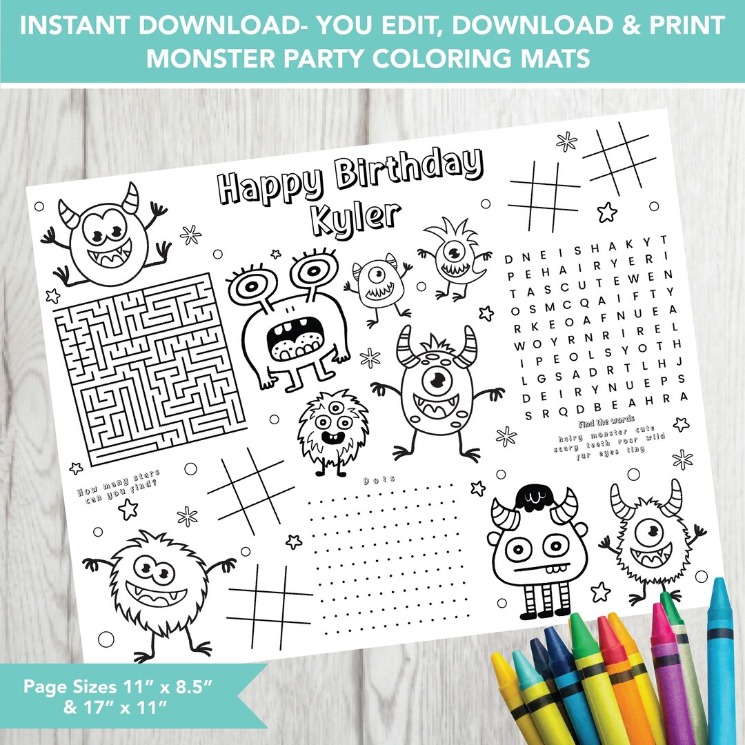 Editable Monster Party Placemat, Printable Birthday Coloring Page ...