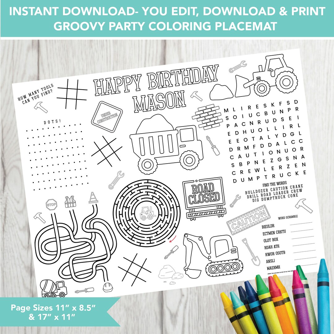 Editable Construction Party Mat, Printable Birthday Coloring Page ...