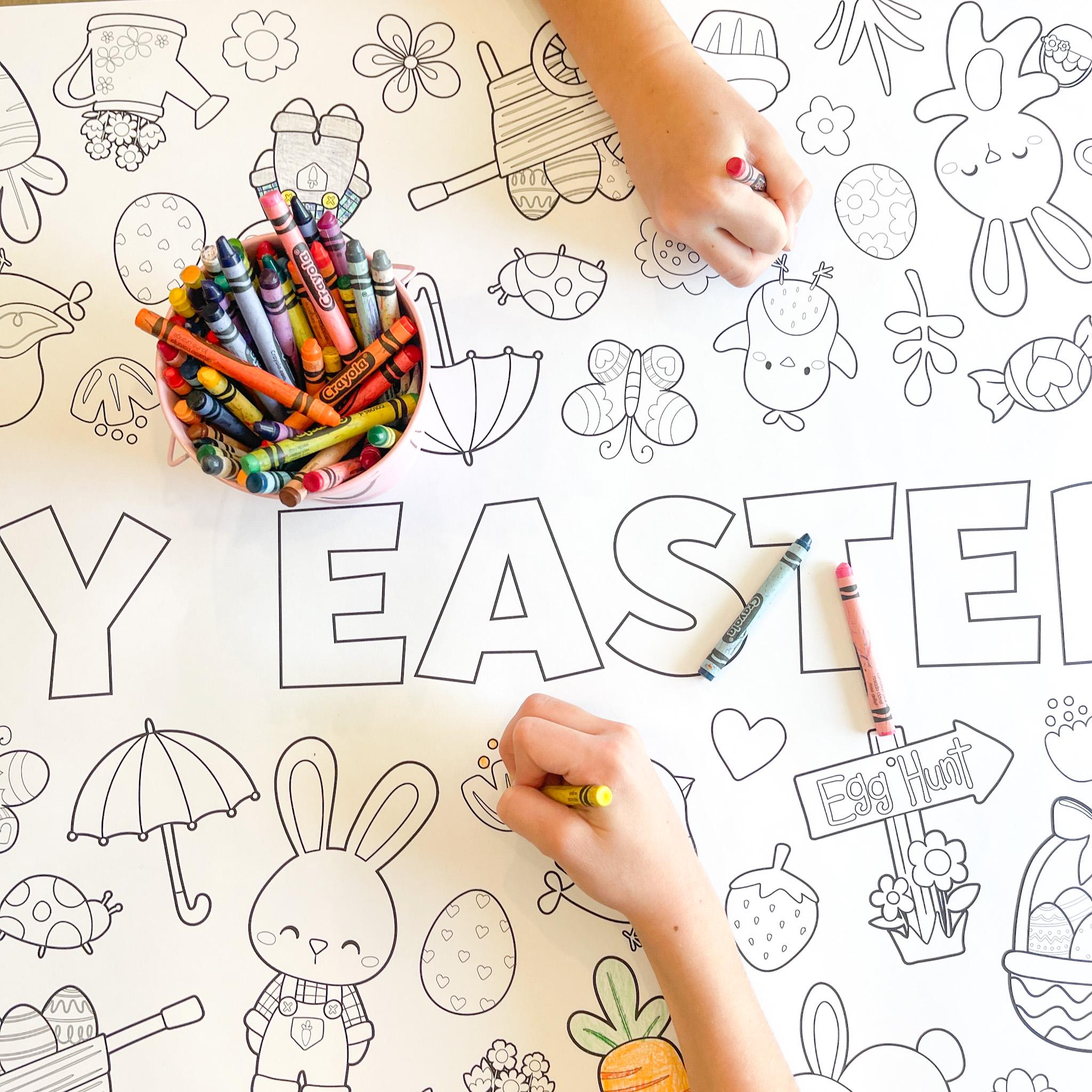 Easter Coloring Table Runner, Happy Easter Coloring Page, Bunny ...