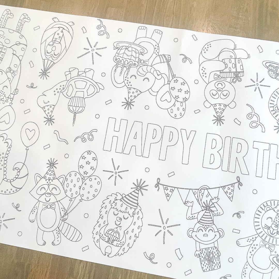 Happy Birthday Party Animal Coloring Table Runner, Happy Birthday ...