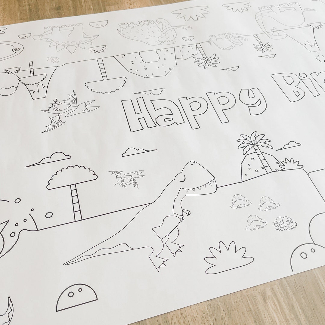Dinosaur Coloring Table Runner, Dino Birthday Coloring Page, Dinosaur ...
