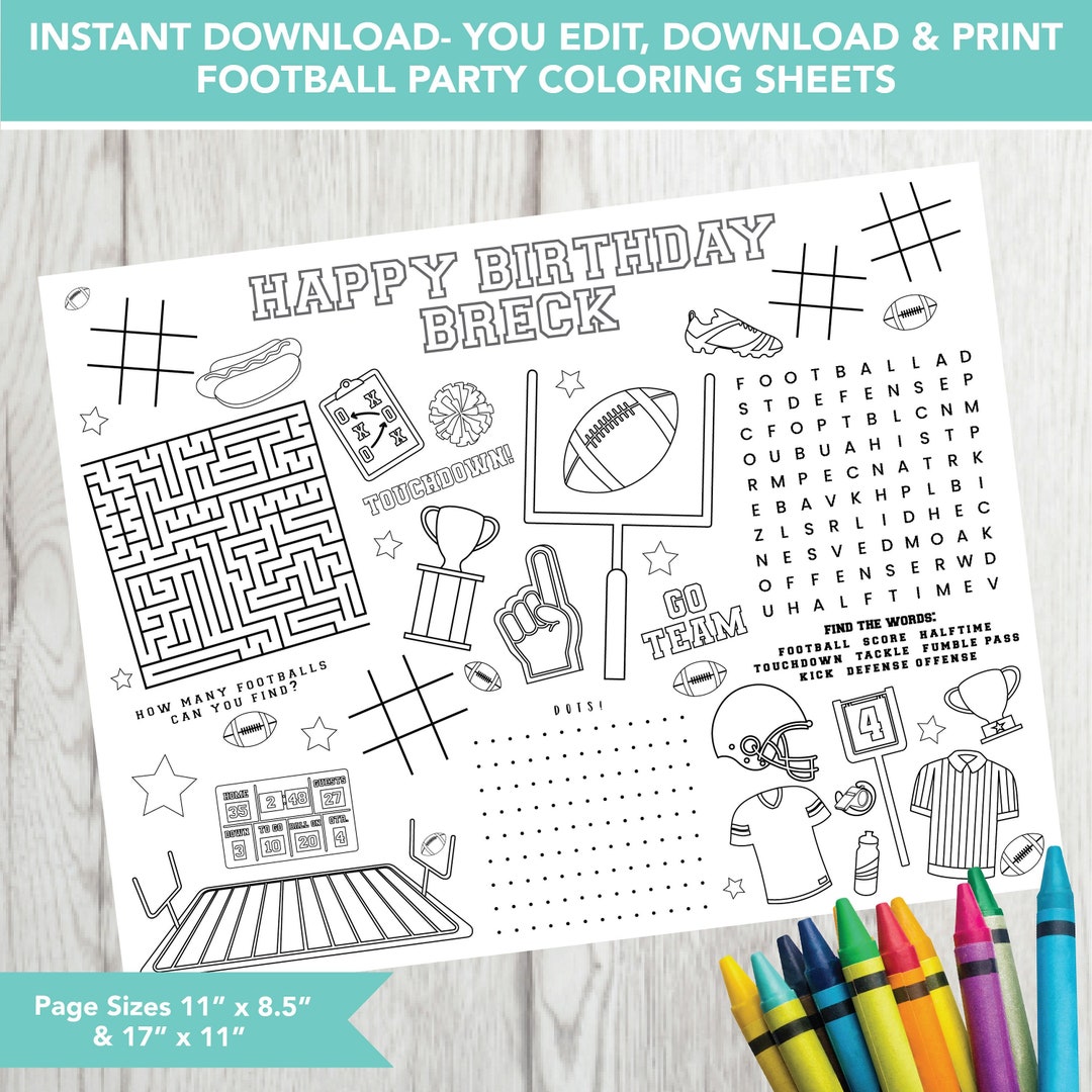 Editable Football Party Sheet, Printable Birthday Coloring Page ...