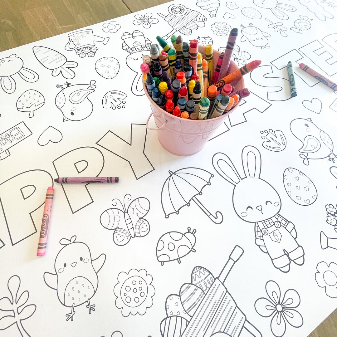 Easter Coloring Table Runner, Happy Easter Coloring Page, Bunny ...