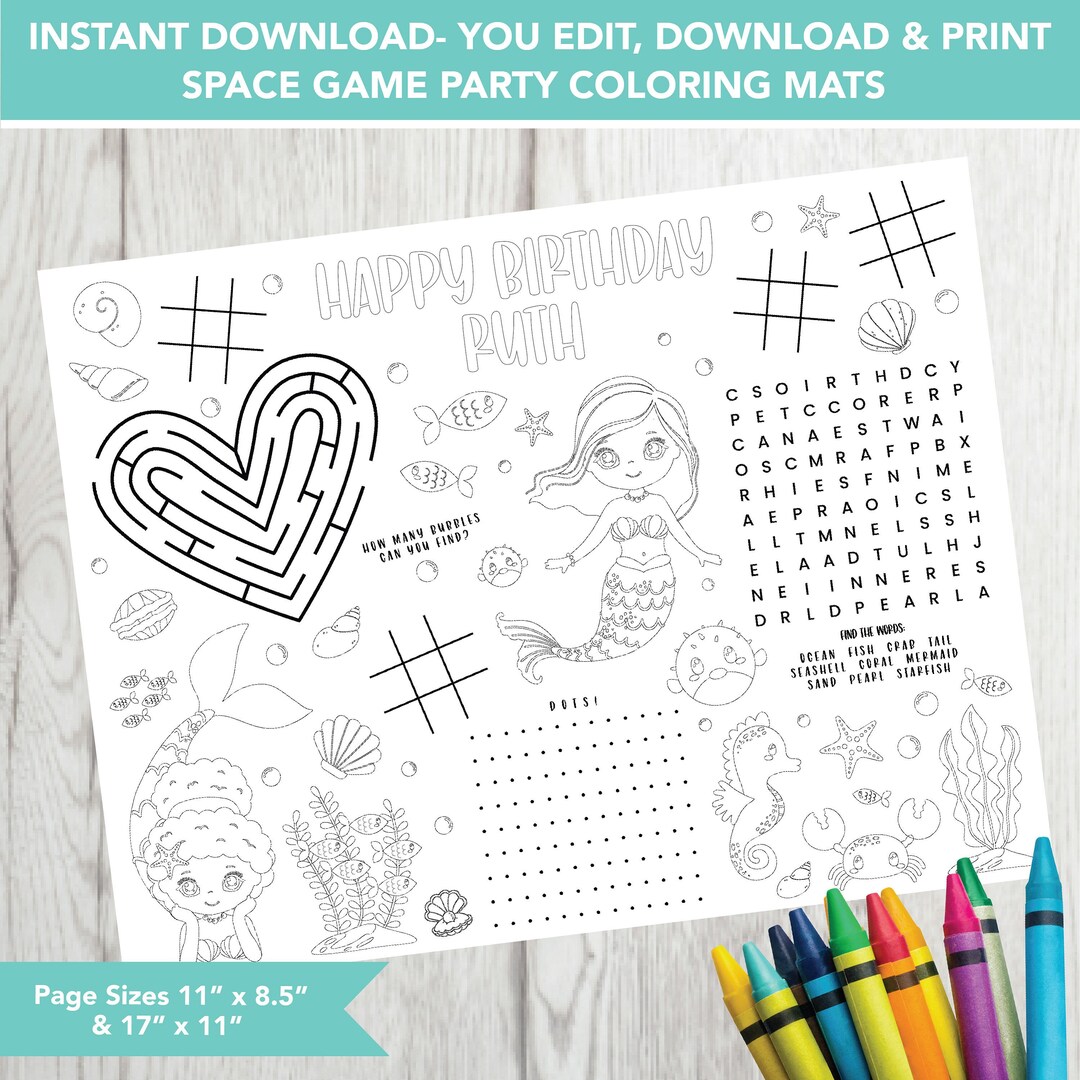 Editable Mermaid Party Mat, Printable Birthday Coloring Page, Mermaid ...