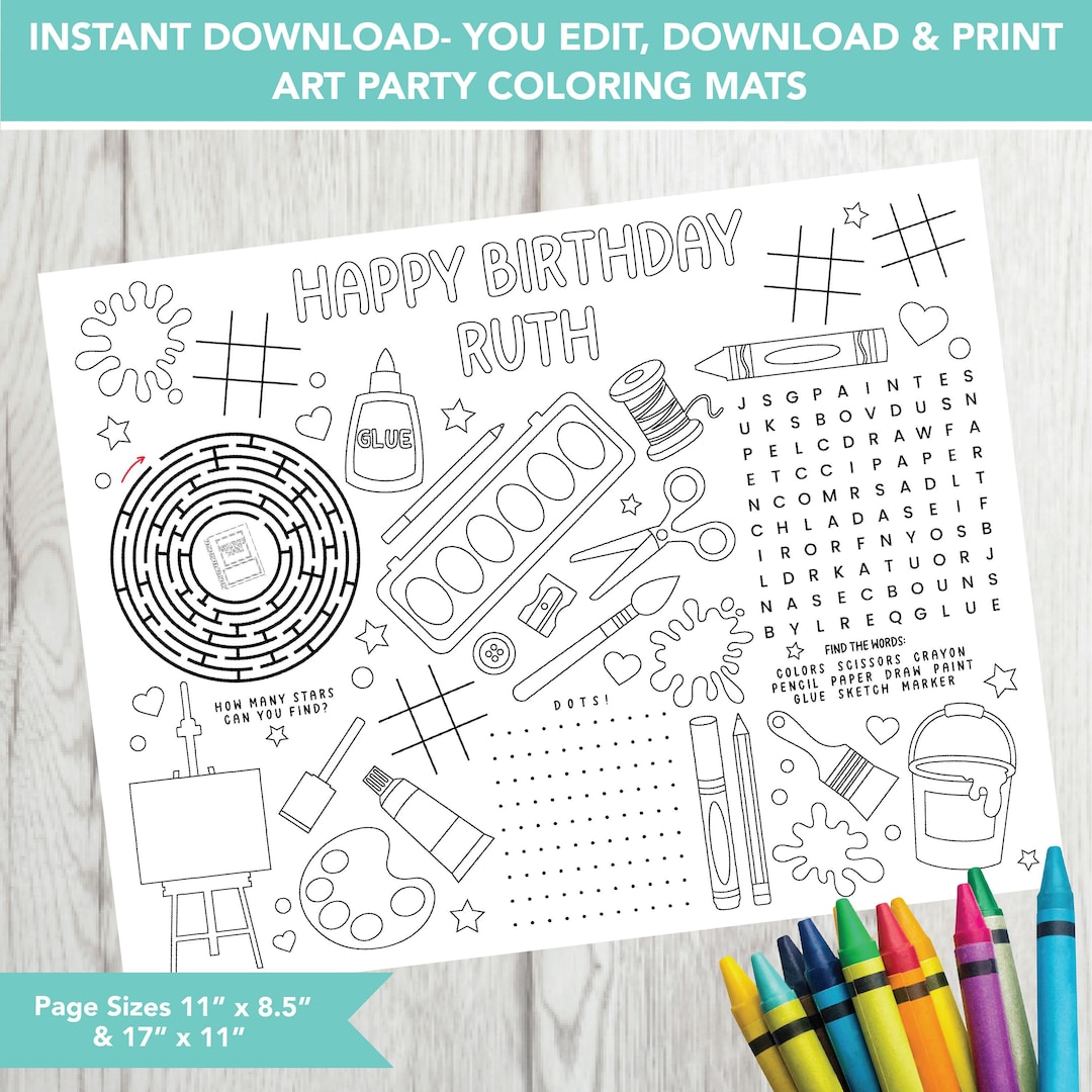 Editable Art Party Sheet, Printable Birthday Coloring Page, Art ...