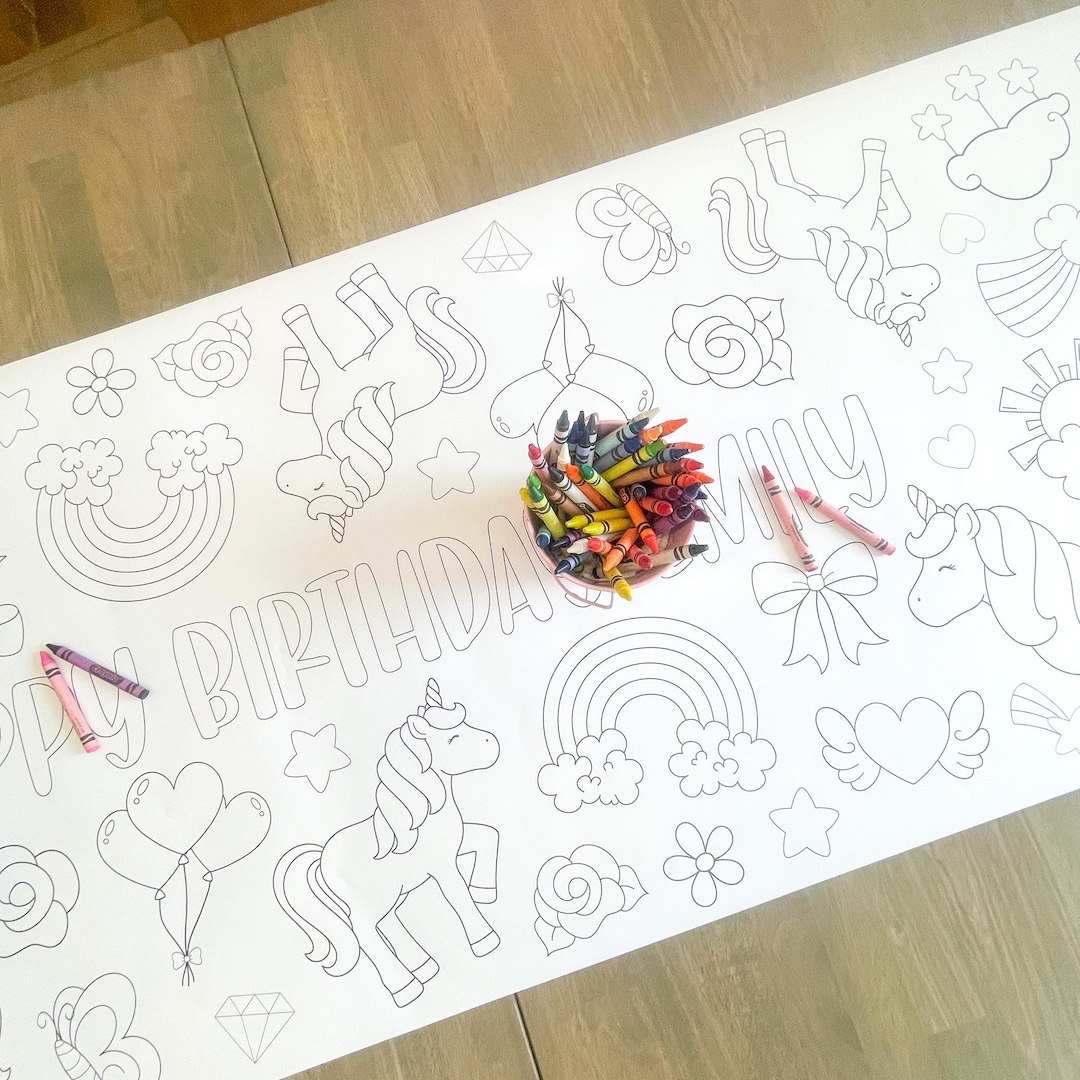 Unicorn Party Coloring Table Runner, Unicorn Birthday Coloring Page ...