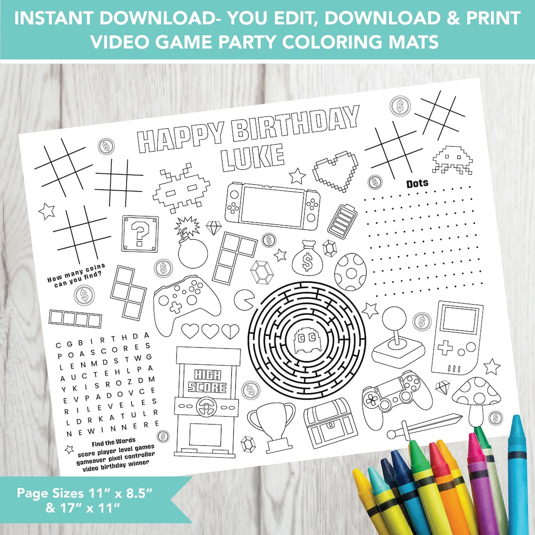 Editable Video Game Party Sheet, Printable Birthday Coloring Page ...