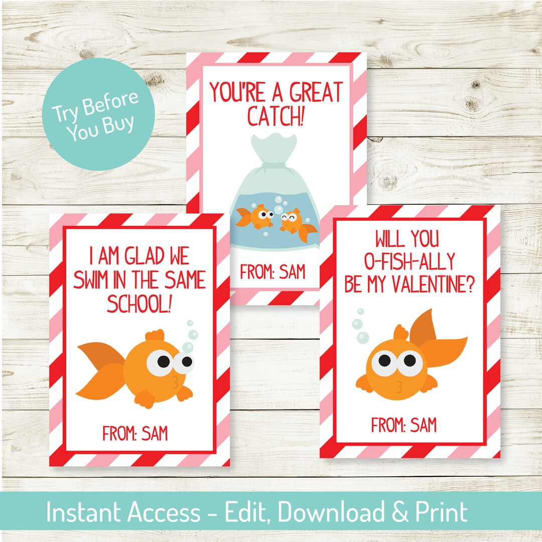 Goldfish Valentine's Day Editable Card, Valentine Party, Valentine's ...