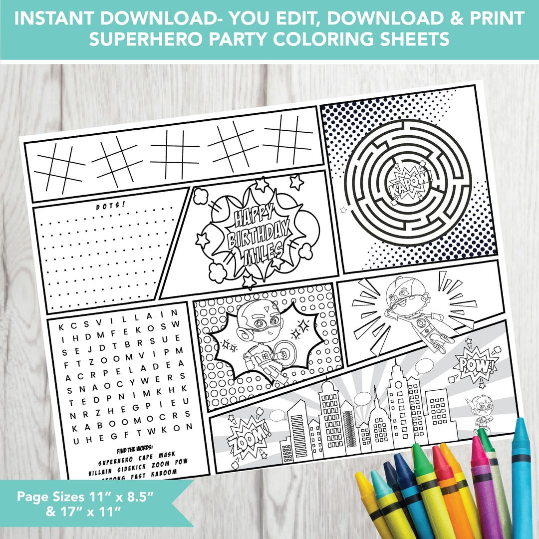 Editable Super Hero Party Mat, Printable Birthday Coloring Page, Super ...