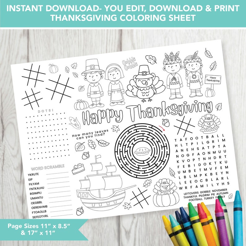 Thanksgiving Coloring Page Printable, Thanksgiving Party Activity, Kids ...