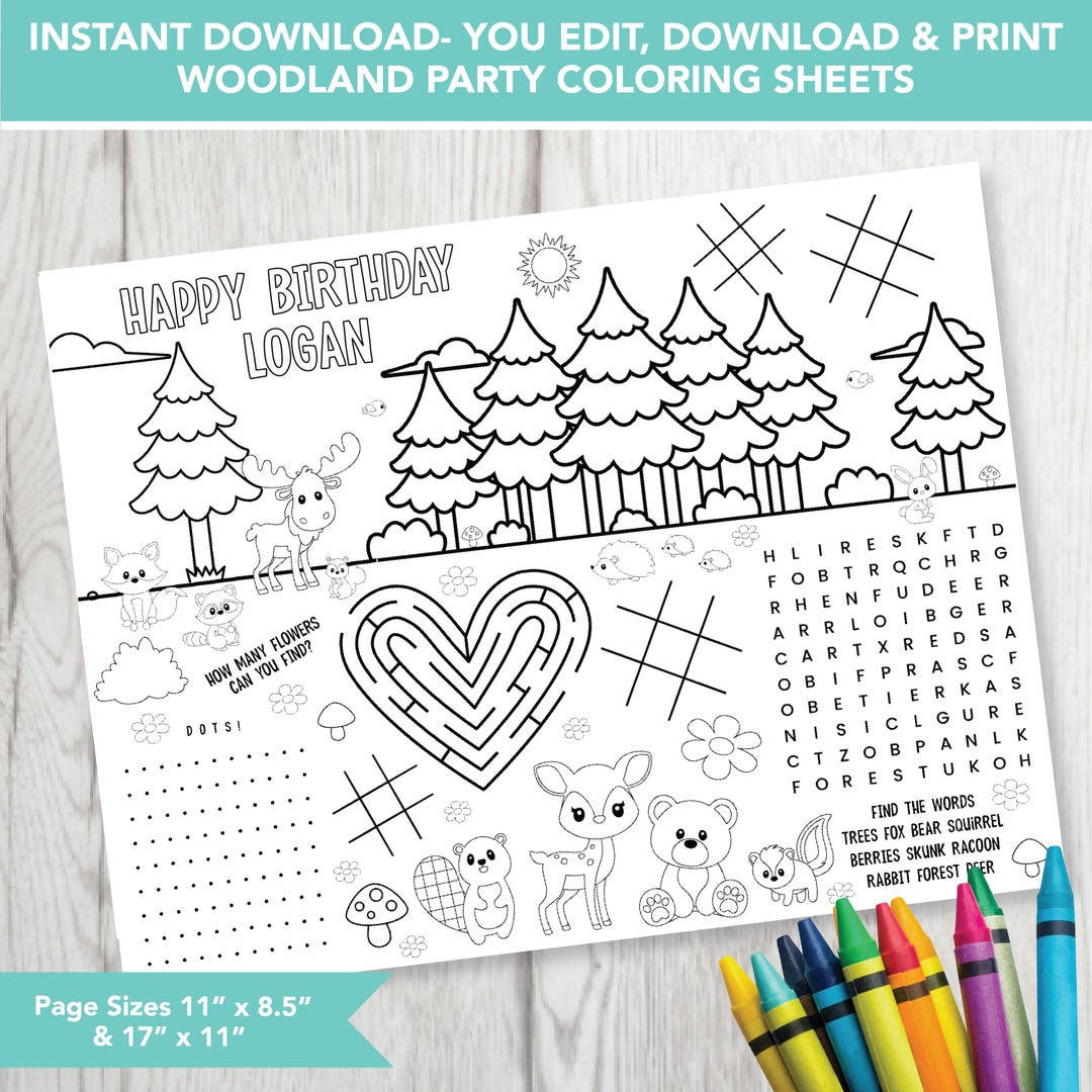 Editable Woodland Party Placemat, Printable Birthday Coloring Page ...