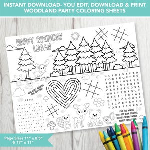 Editable Woodland Party Placemat, Printable Birthday Coloring Page ...