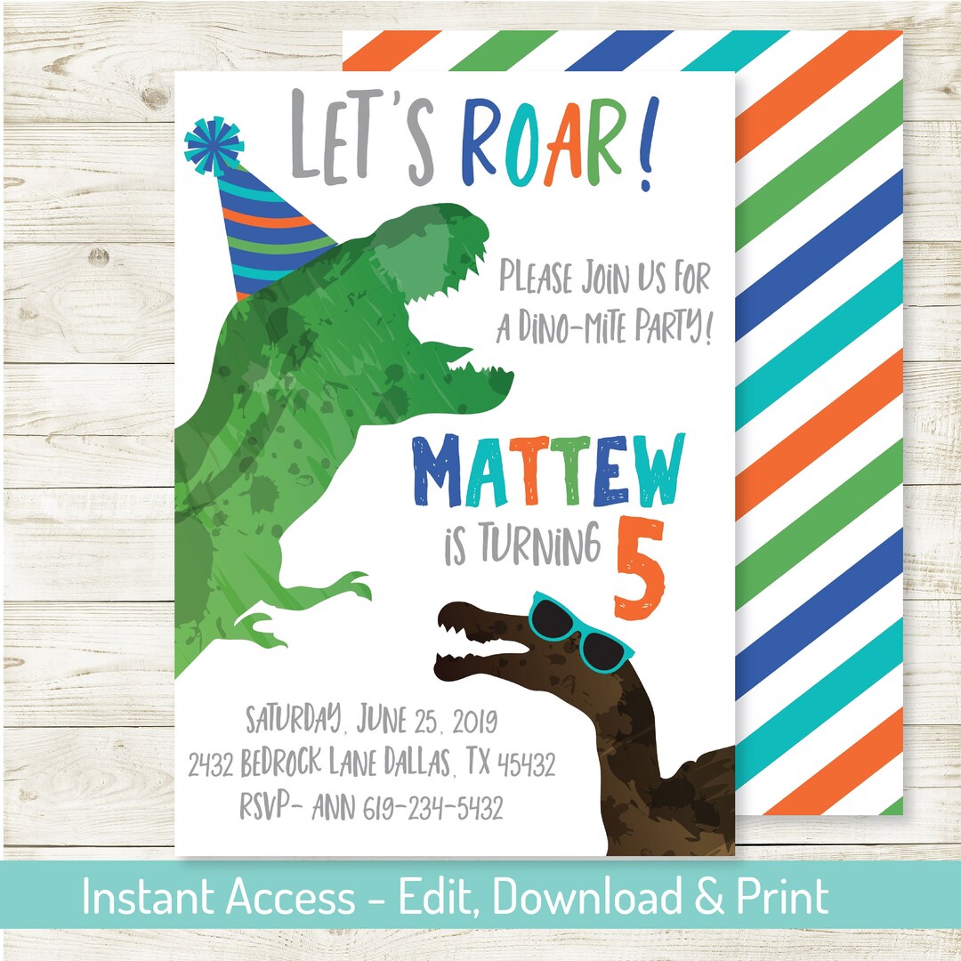 Dinosaur Party Invitation, Editable Dino 5x7 Invite, Dinosaur Party ...