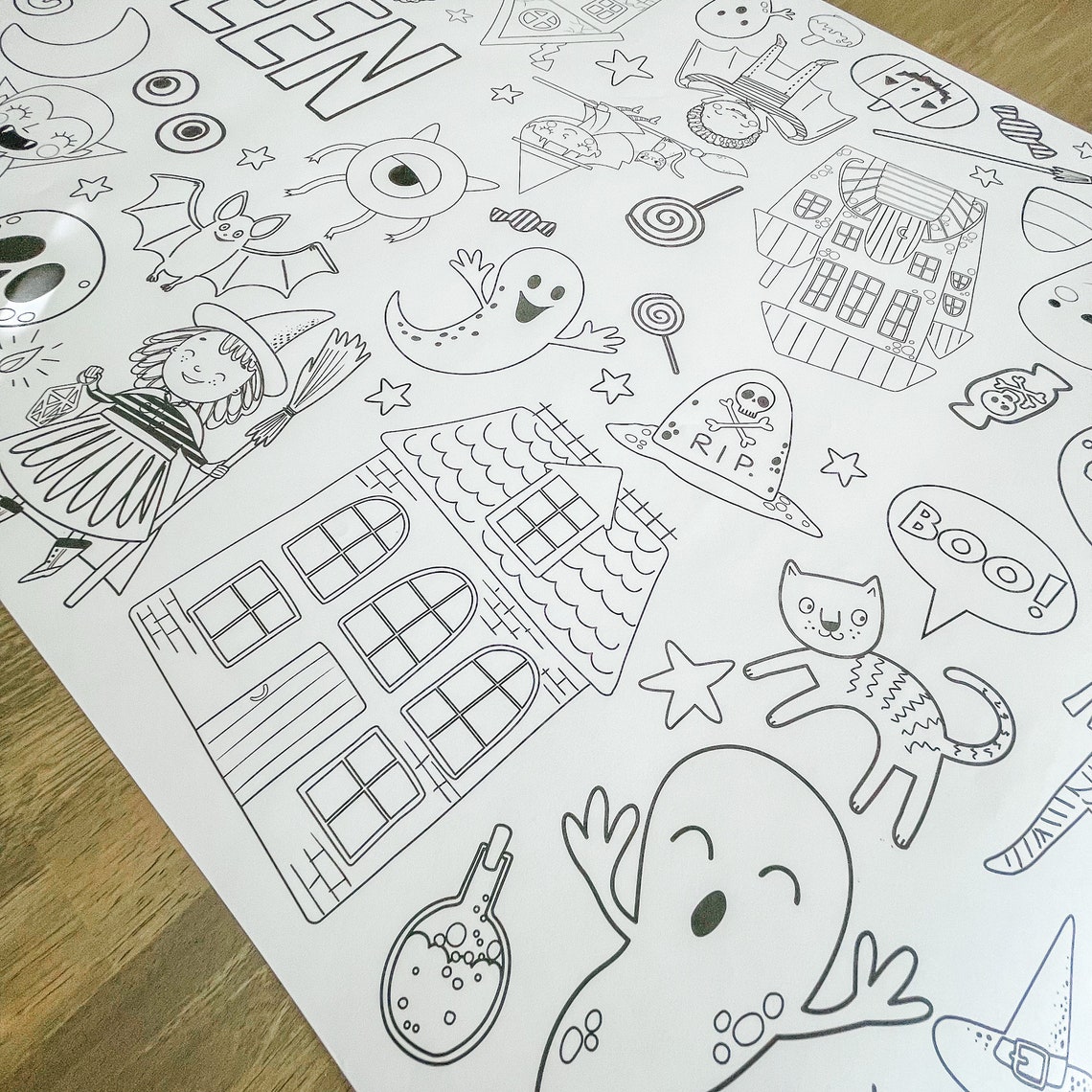 Halloween Night Coloring Table Runner, Halloween Coloring Page, Ghost ...