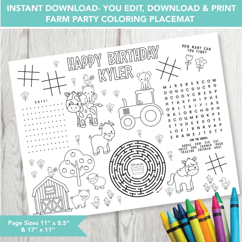Editable Farm Party Placemat Printable Birthday Coloring - Etsy