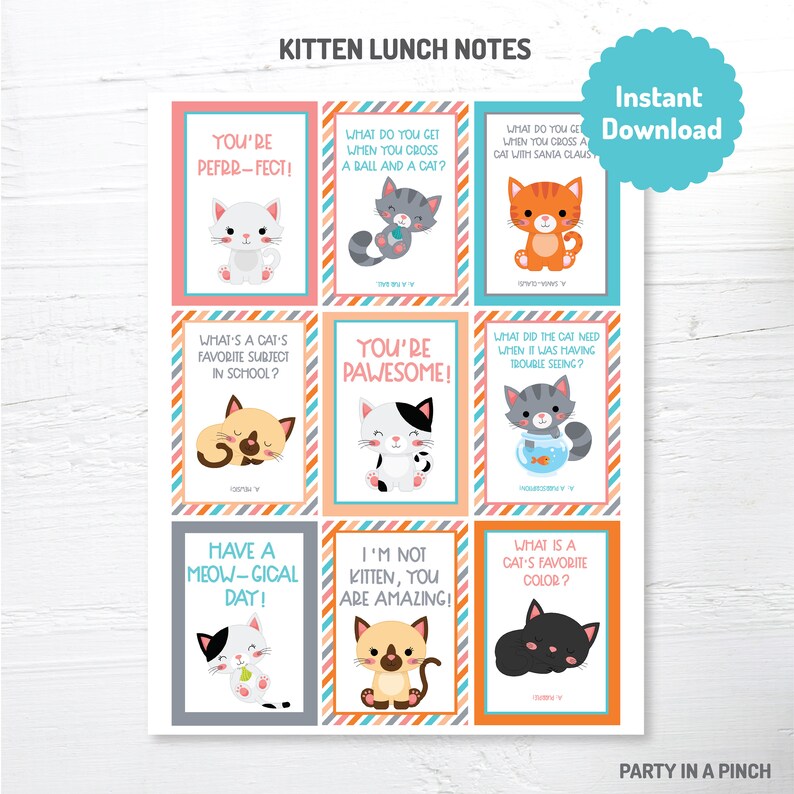 Lunchbox Notes, Lunchbox Jokes,kitten Lunchbox Notes, Cat Lunch Cards ...