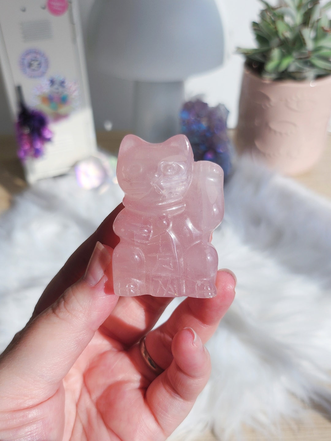 Rose Quartz Maneki Neko Money Cat | Prosperity in Business | Self-love ...