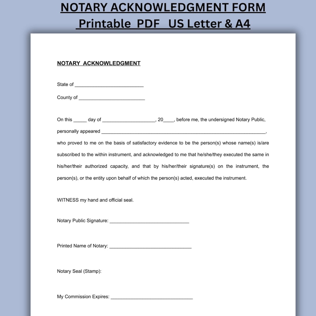 Blank Notary Acknowledgment Form | US Letter & A4 (PDF Printable) - Etsy