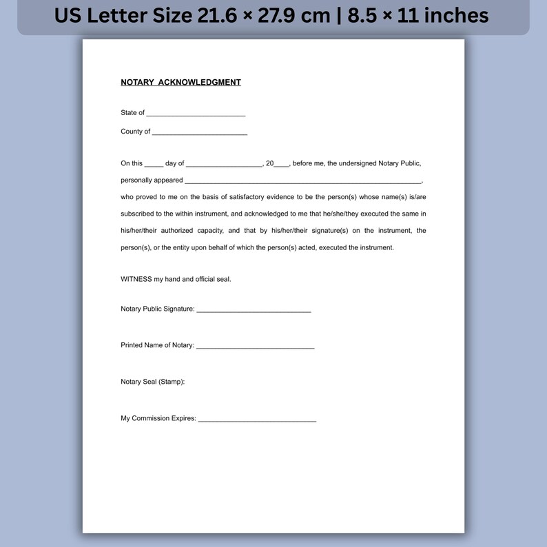 Blank Notary Acknowledgment Form | US Letter & A4 (PDF Printable) - Etsy