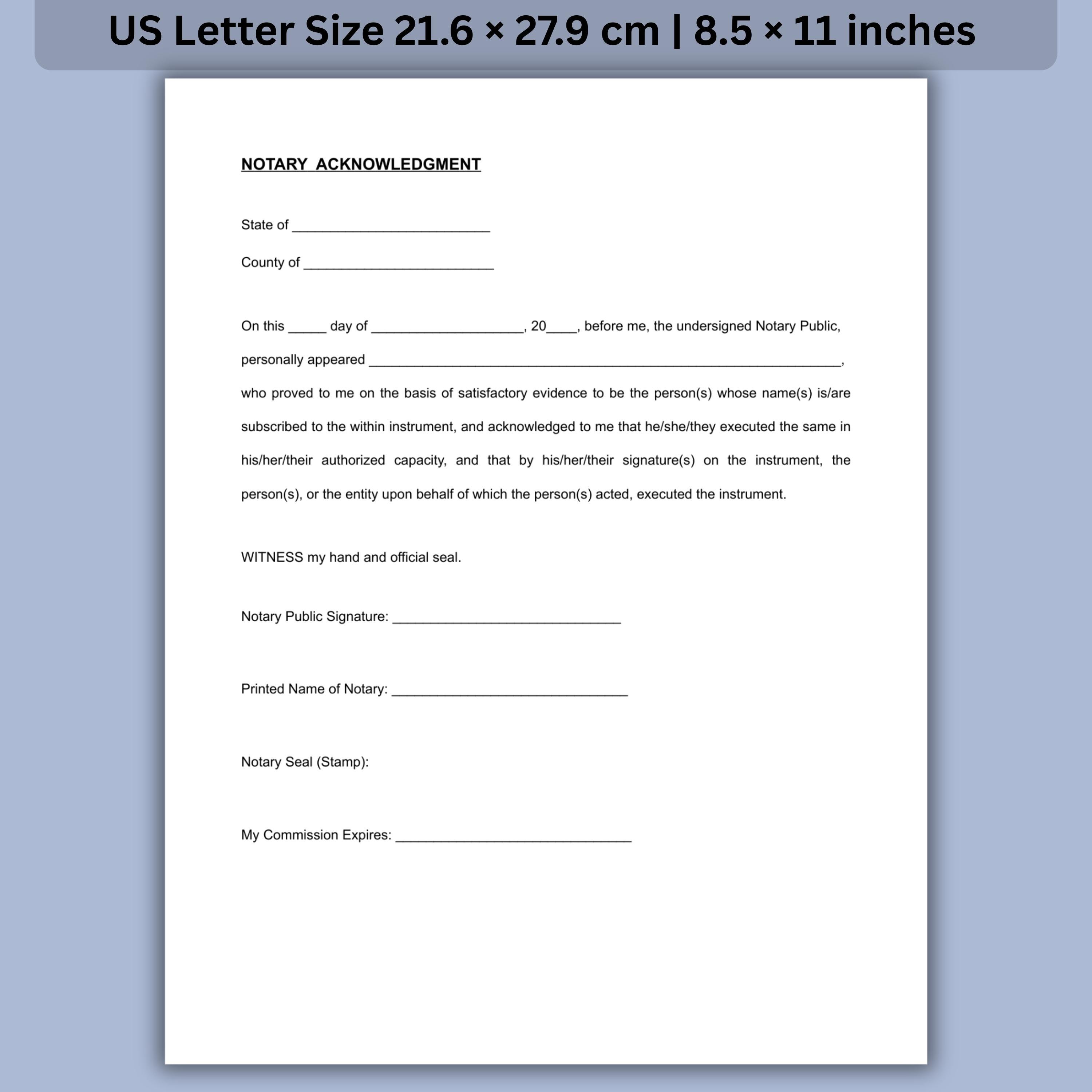 Blank Notary Acknowledgment Form | US Letter & A4 (PDF Printable) - Etsy