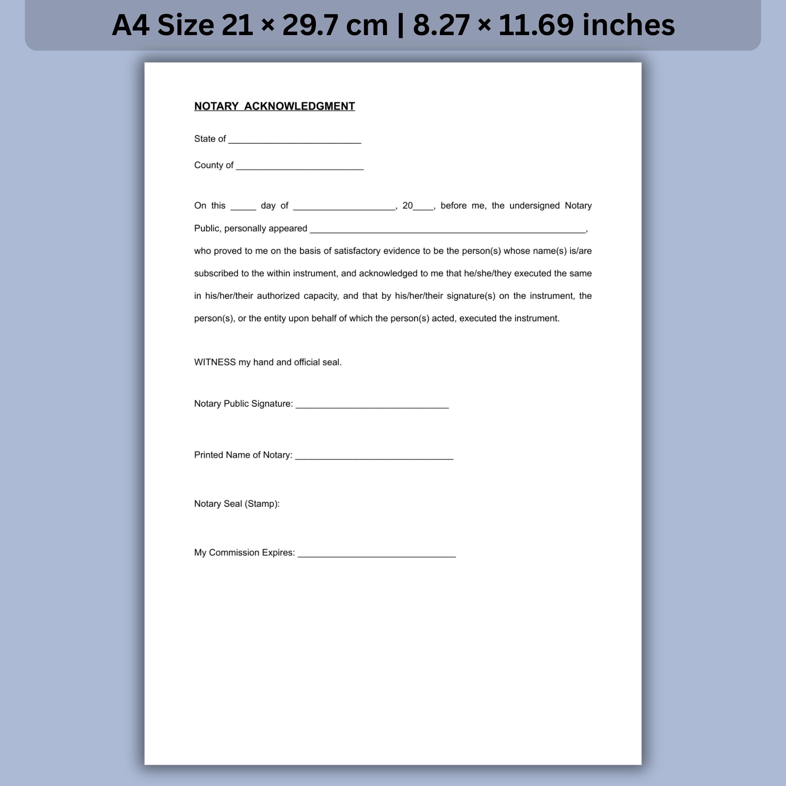 Blank Notary Acknowledgment Form | US Letter & A4 (PDF Printable) - Etsy