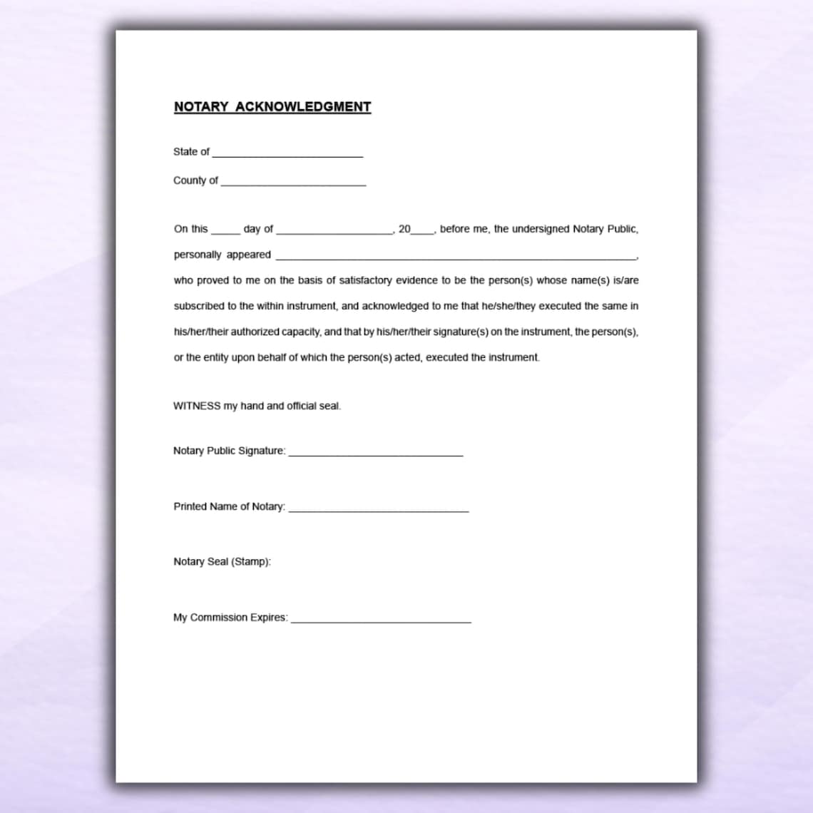 Notary Acknowledgment Form Template, Editable Notary Acknowledgment ...