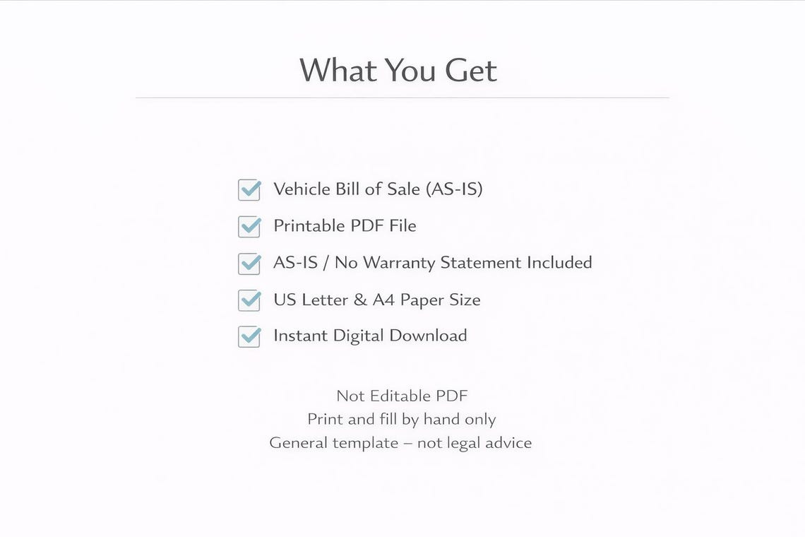 Vehicle Bill of Sale AS-IS PDF | Printable Car Sale Form | Buyer ...