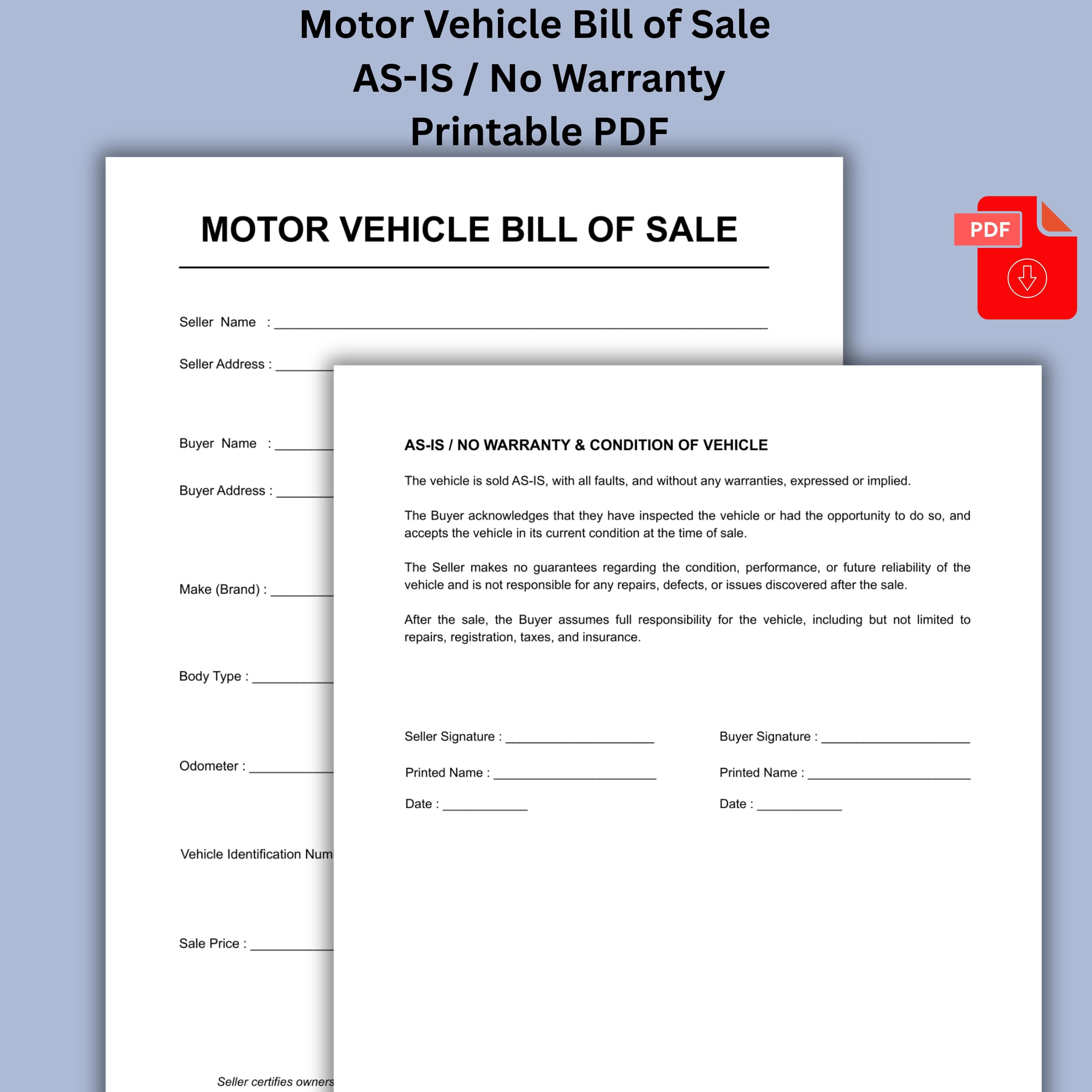 Motor Vehicle Bill of Sale (AS-IS / No Warranty) PDF Template . Paper ...