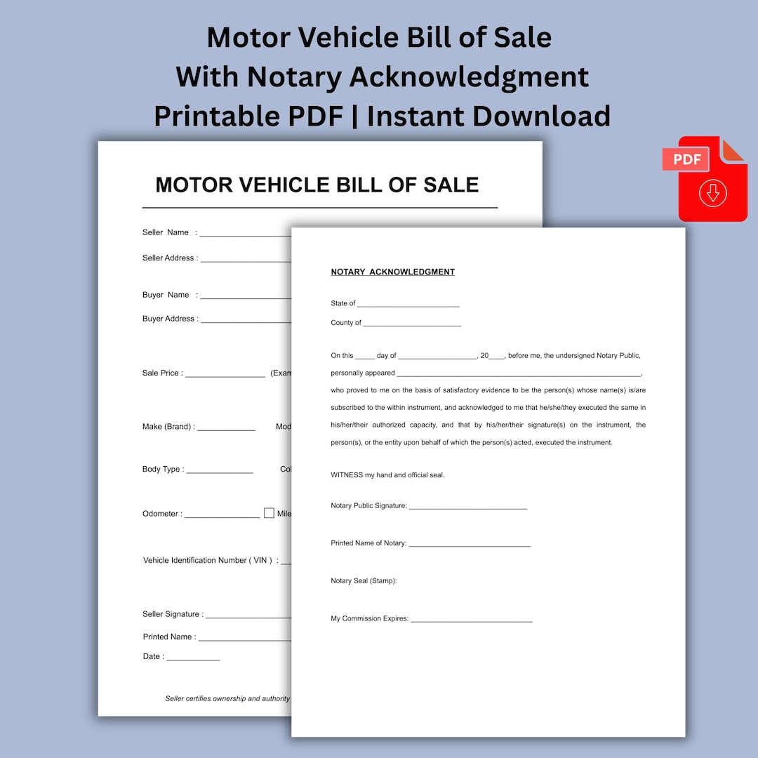 Printable Motor Vehicle Bill of With Notary (PDF Download, US Letter ...