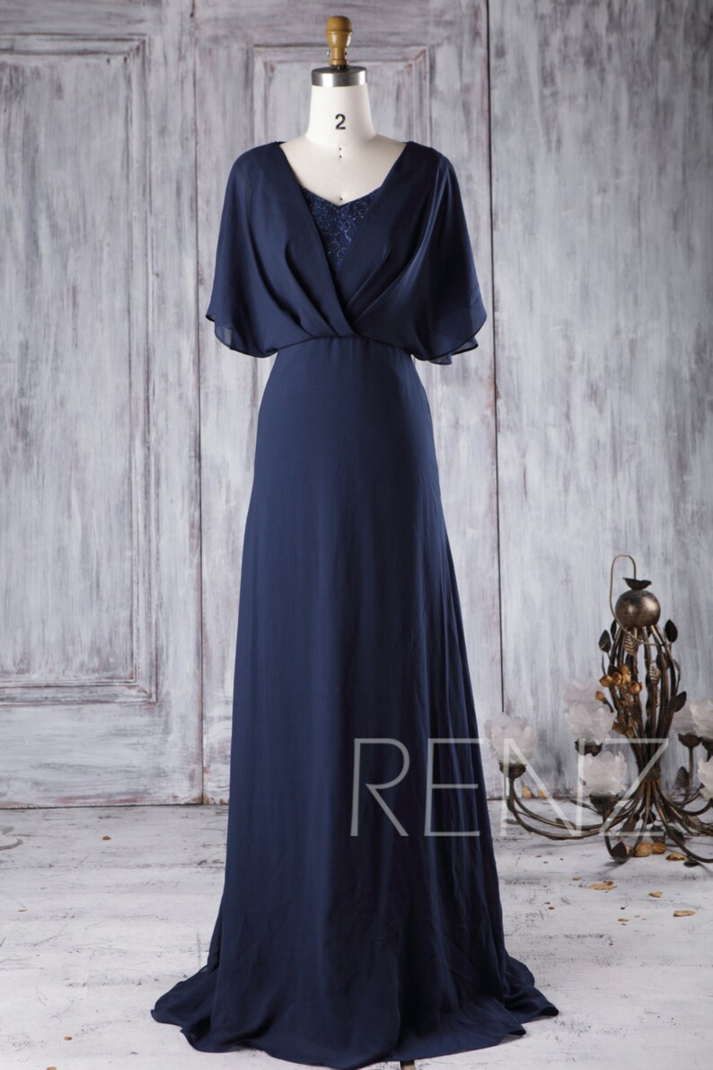 Navy Blue Chiffon Bridesmaid Dress Lace V Neck Wedding Dress Etsy