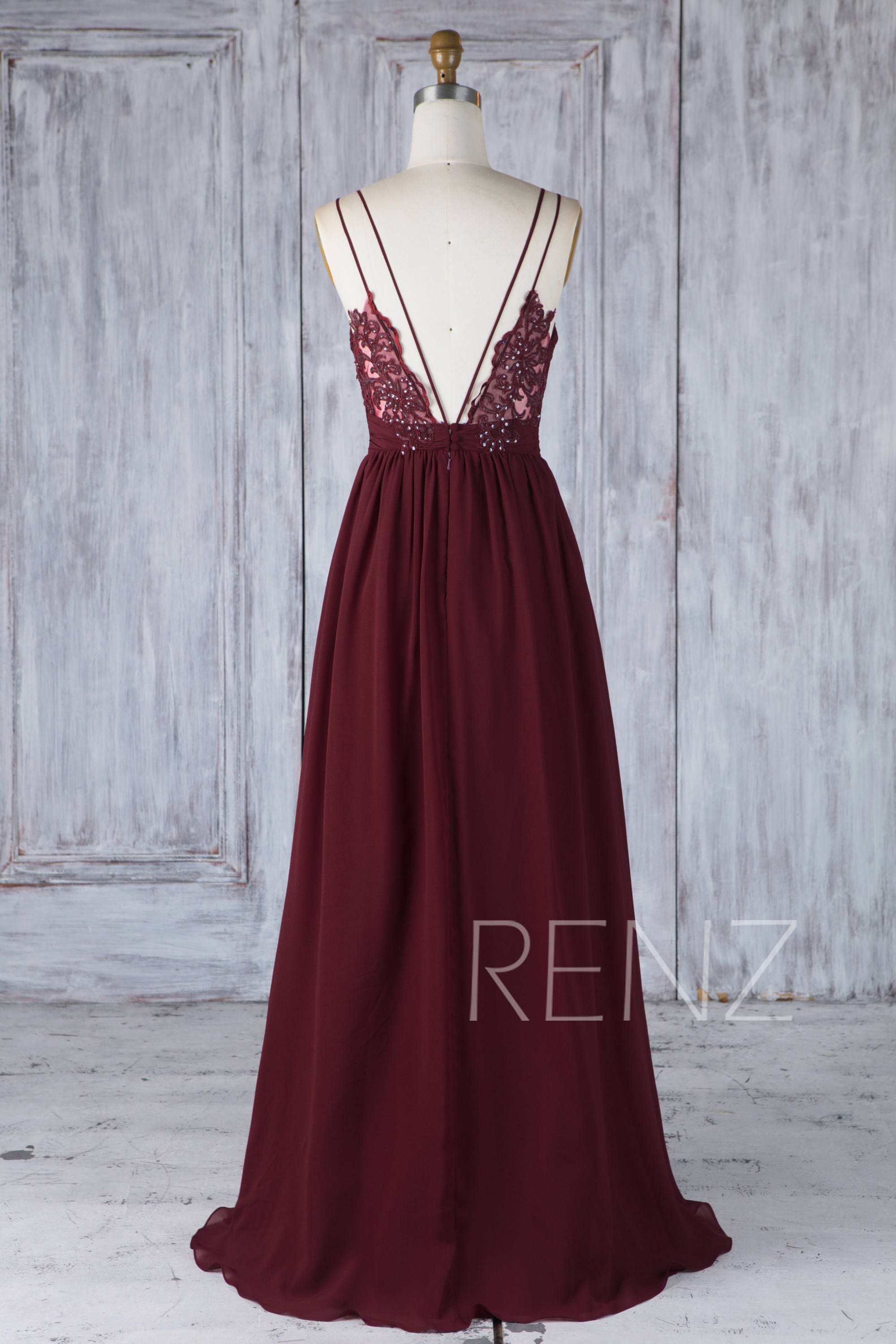 Bridesmaid Dress Burgundy Boho Prom Dress Long Backless V Neck Etsy