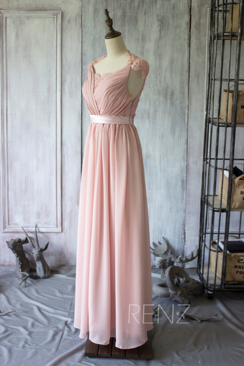 Blush Chiffon Lace Bridesmaid Dress Cap Sleeves Wedding Dress Etsy