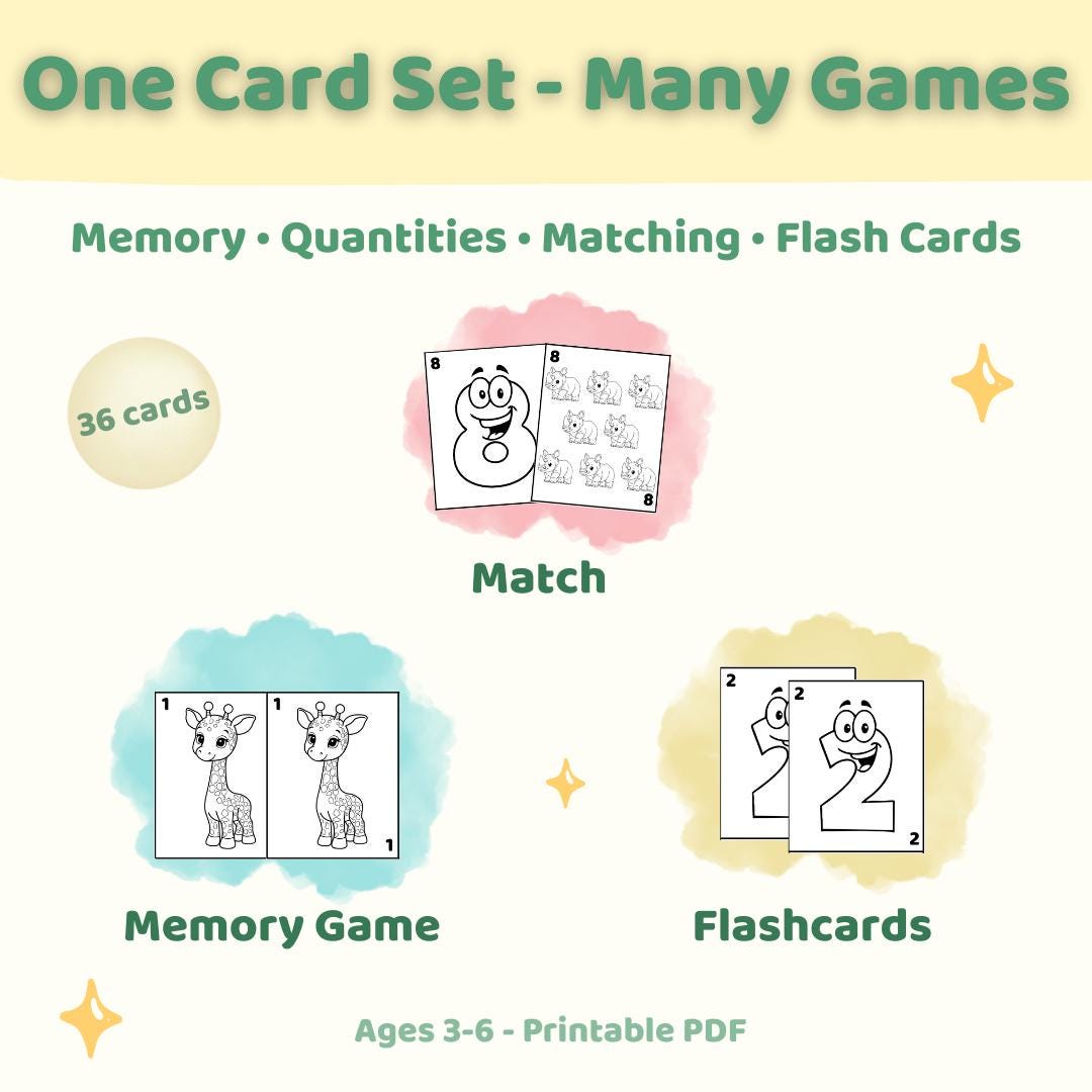 One Card Set - Many Games. Early Math Printable Cards for Kids. Memory ...