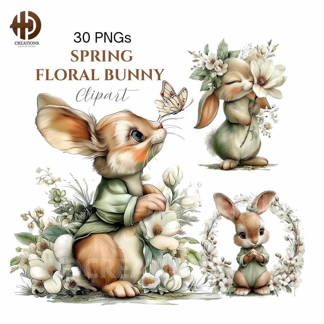 30 PNG – Spring Floral Bunny Clipart Bundle | Cute Easter Bunny PNG ...