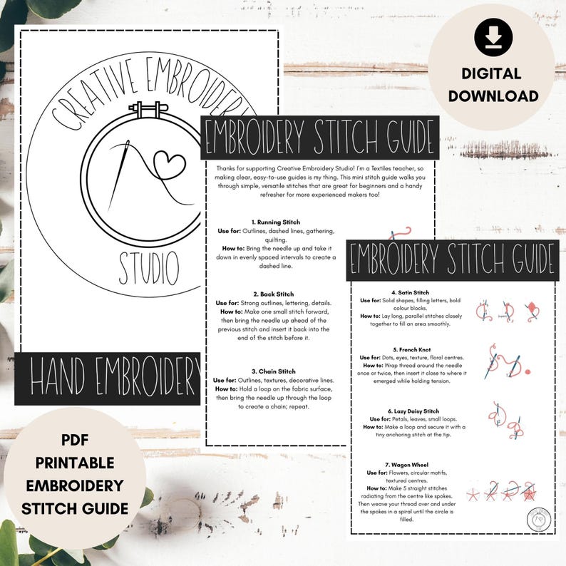 Hand Embroidery Stitch Guide | Printable Embroidery Sampler | Stick and ...