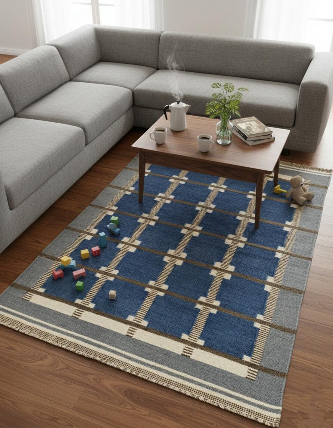 Handmade Blue Checkered Rug, Modern Geometric Area Rug, Flatweave Kilim ...