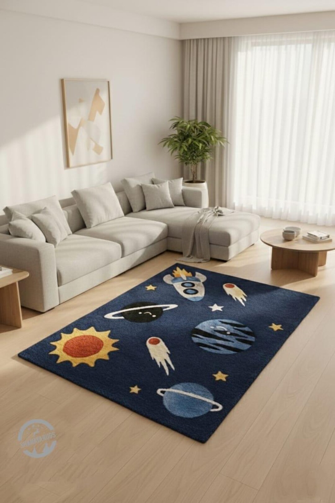 Handmade Tufted Space Rug for Kids Room | Rocket Ship & Planets ...